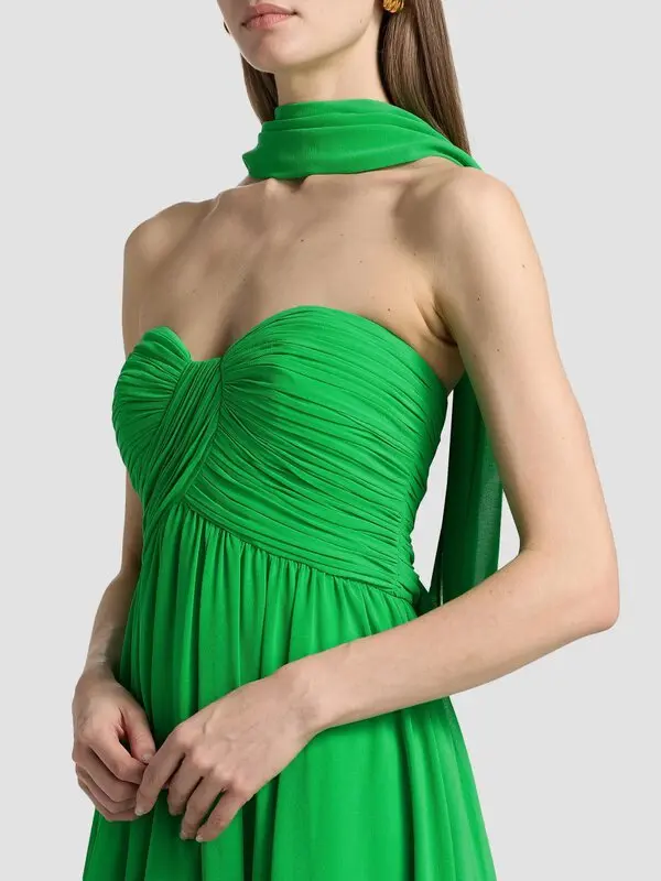 Badgley Mischka Gathered Strapless Scarf-neck Gown