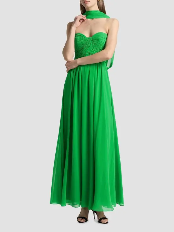 Badgley Mischka Gathered Strapless Scarf-neck Gown