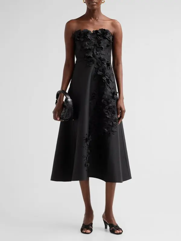 Badgley Mischka Floral Applique Strapless Cocktail Dress - Black