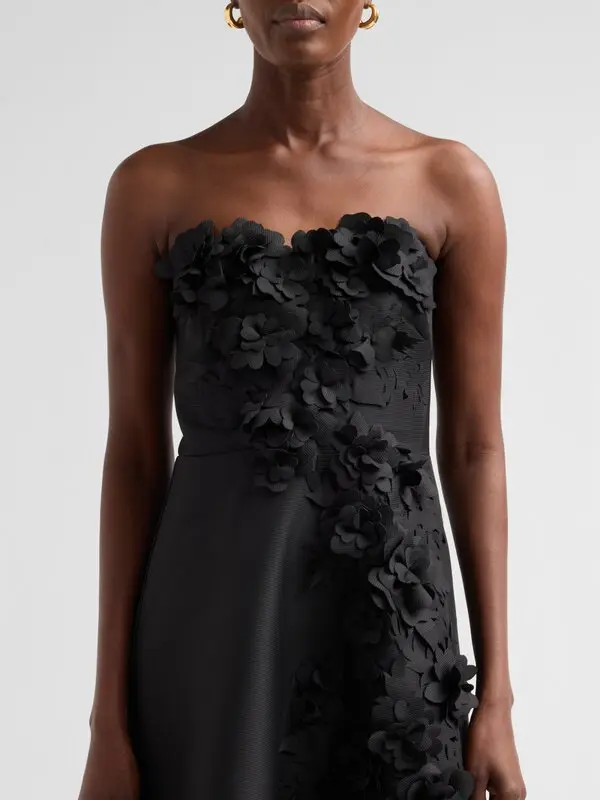 Badgley Mischka Floral Applique Strapless Cocktail Dress - Black