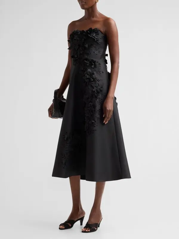 Badgley Mischka Floral Applique Strapless Cocktail Dress - Black