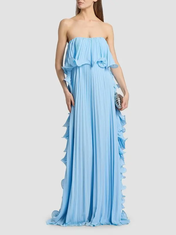 Badgley Mischka Soft Pleated Frill Strapless Gown