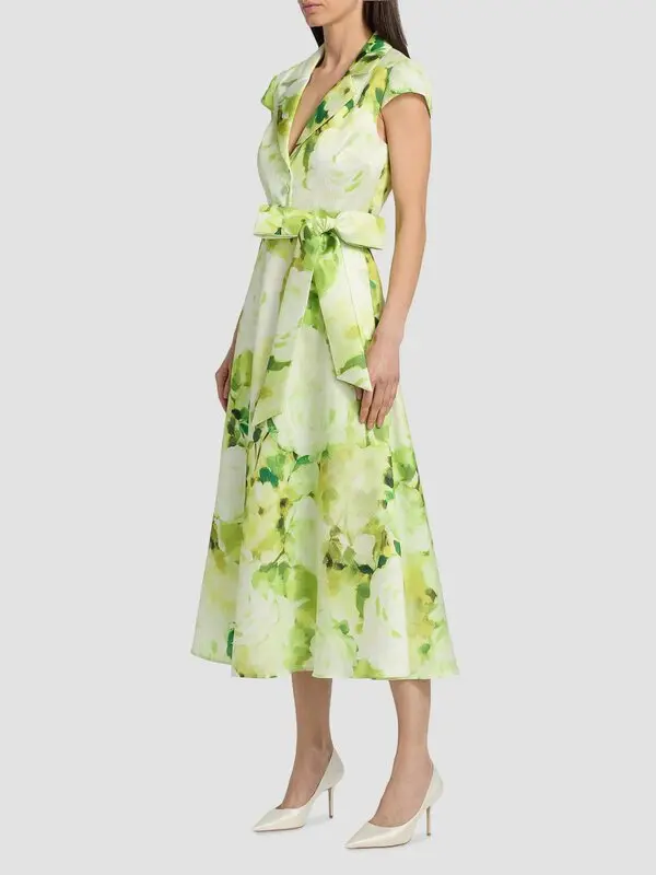 Badgley Mischka Belted Floral A-line Midi-dress