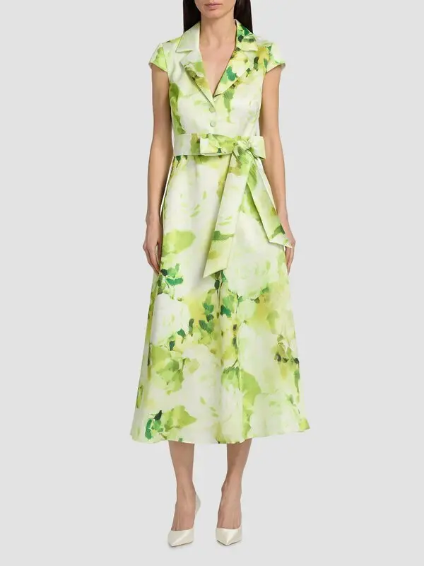 Badgley Mischka Belted Floral A-line Midi-dress