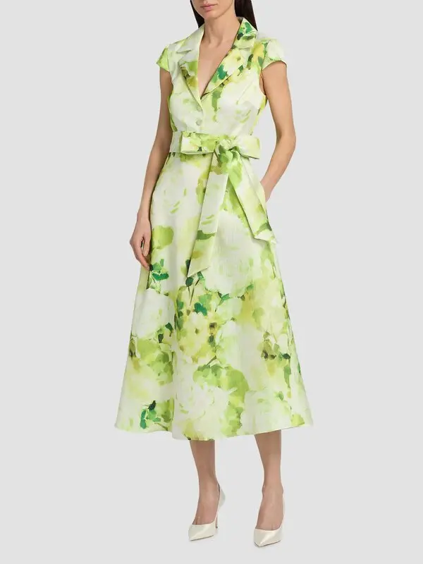 Badgley Mischka Belted Floral A-line Midi-dress