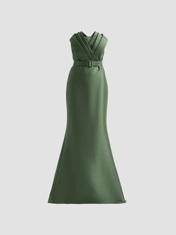 Badgley Mischka Pleated Strapless Satin Flare Gown