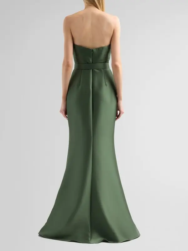 Badgley Mischka Pleated Strapless Satin Flare Gown
