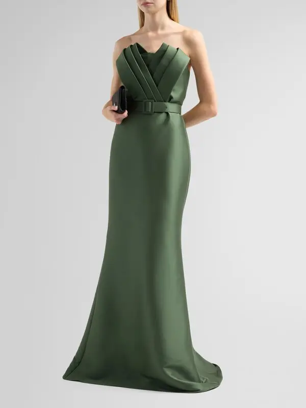 Badgley Mischka Pleated Strapless Satin Flare Gown