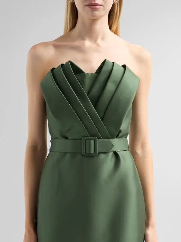 Badgley Mischka Pleated Strapless Satin Flare Gown