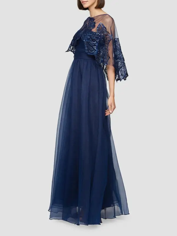 Theia Ginny Embellished Organza Capelet Gown