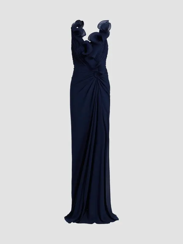 Badgley Mischka Gathered Ruffle Column Gown