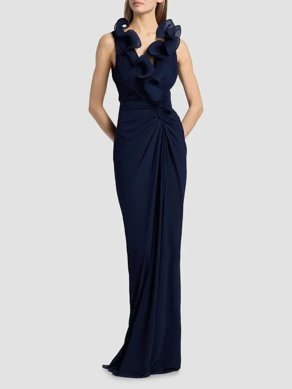 Badgley Mischka Gathered Ruffle Column Gown