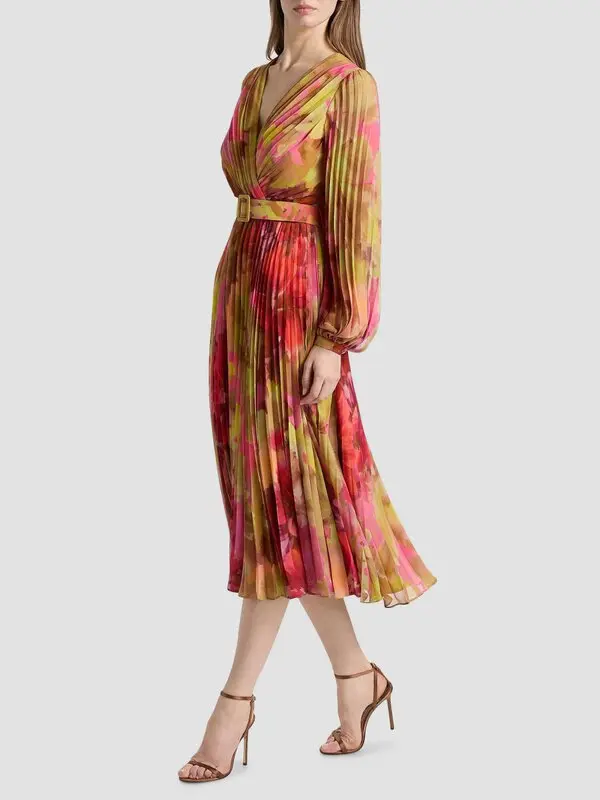 Badgley Mischka Floral Pleated Belted Midi-dress