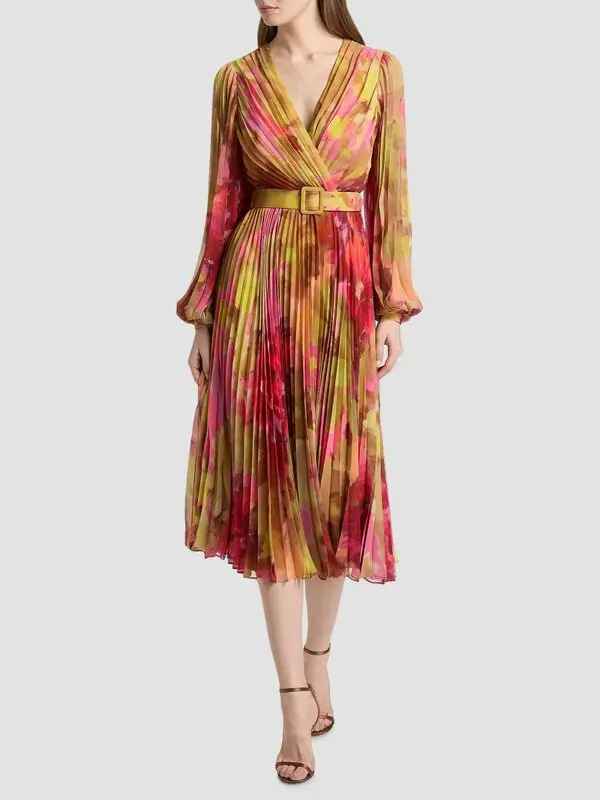 Badgley Mischka Floral Pleated Belted Midi-dress