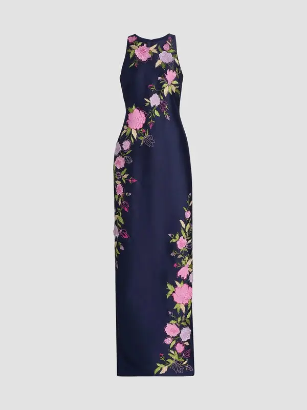 Badgley Mischka Floral Stretch Mikado Column Gown - Navy