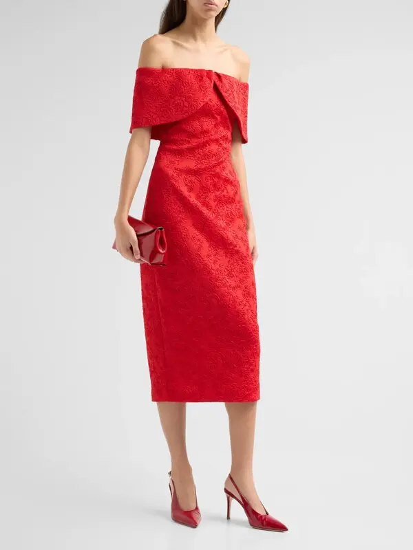 Badgley Mischka Embossed Scuba Off-the-shoulder Cocktail Dress