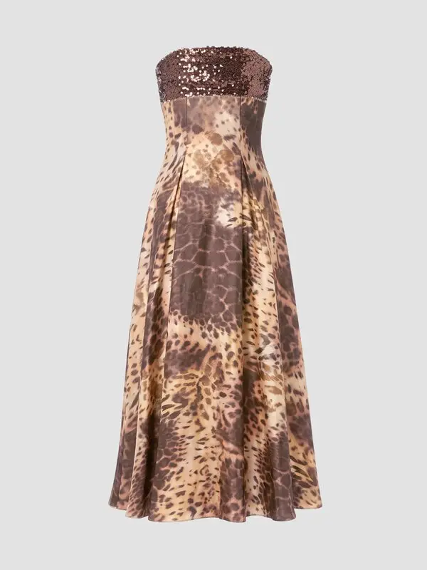 Dress The Population Miranda Leopard-print Sequin-trim Satin Midi Dress