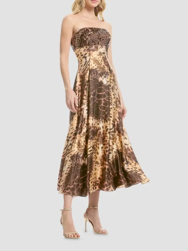 Dress The Population Miranda Leopard-print Sequin-trim Satin Midi Dress