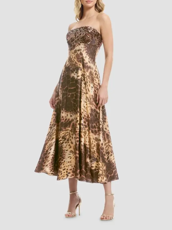 Dress The Population Miranda Leopard-print Sequin-trim Satin Midi Dress