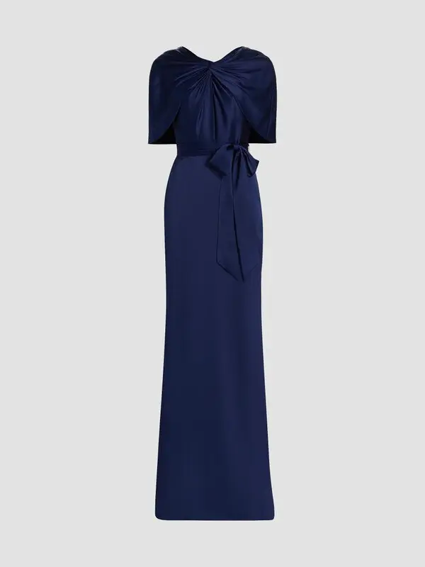 Badgley Mischka Hammered Satin Cape Sleeve Gown