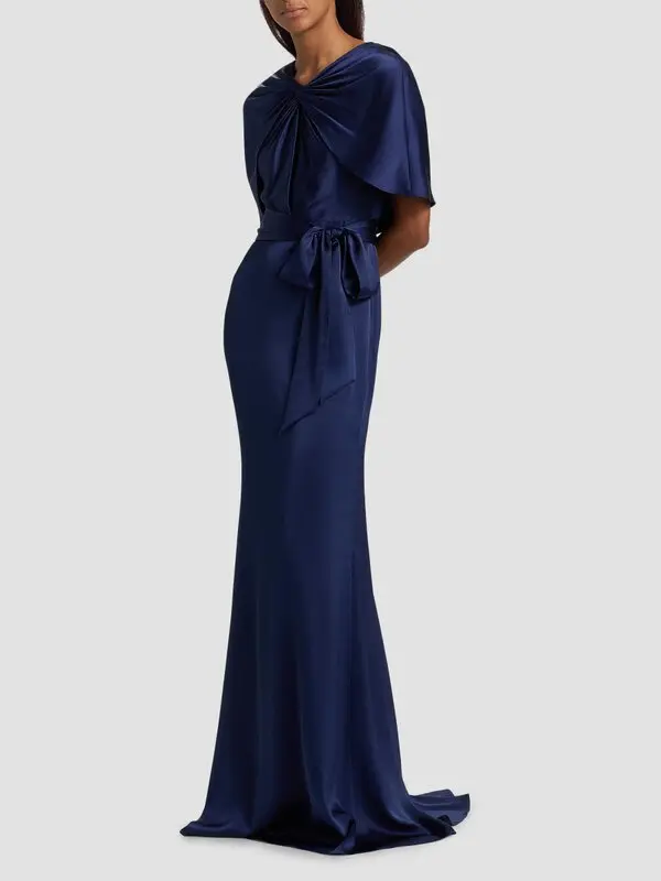 Badgley Mischka Hammered Satin Cape Sleeve Gown