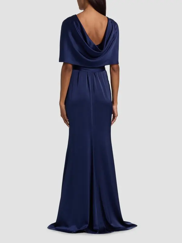 Badgley Mischka Hammered Satin Cape Sleeve Gown