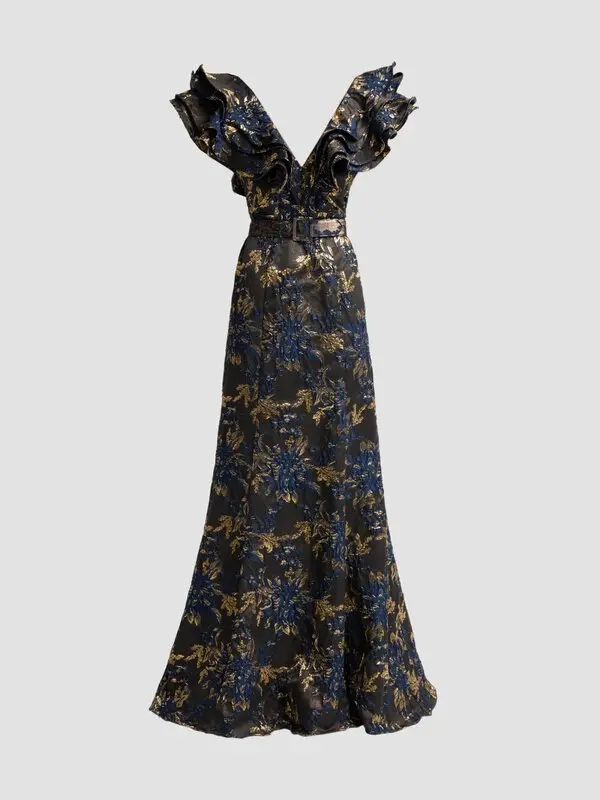 Badgley Mischka Jacqaurd Ruffle-sleeve Mermaid Gown - Navy Multi
