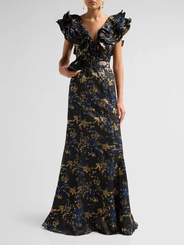 Badgley Mischka Jacqaurd Ruffle-sleeve Mermaid Gown