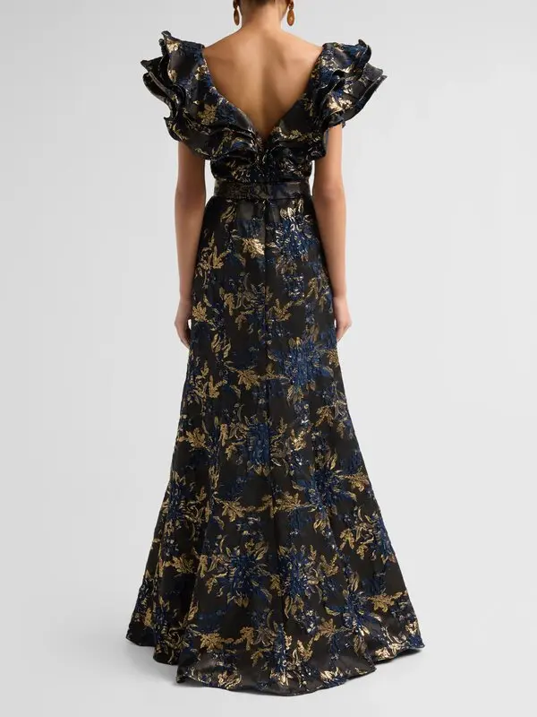 Badgley Mischka Jacqaurd Ruffle-sleeve Mermaid Gown