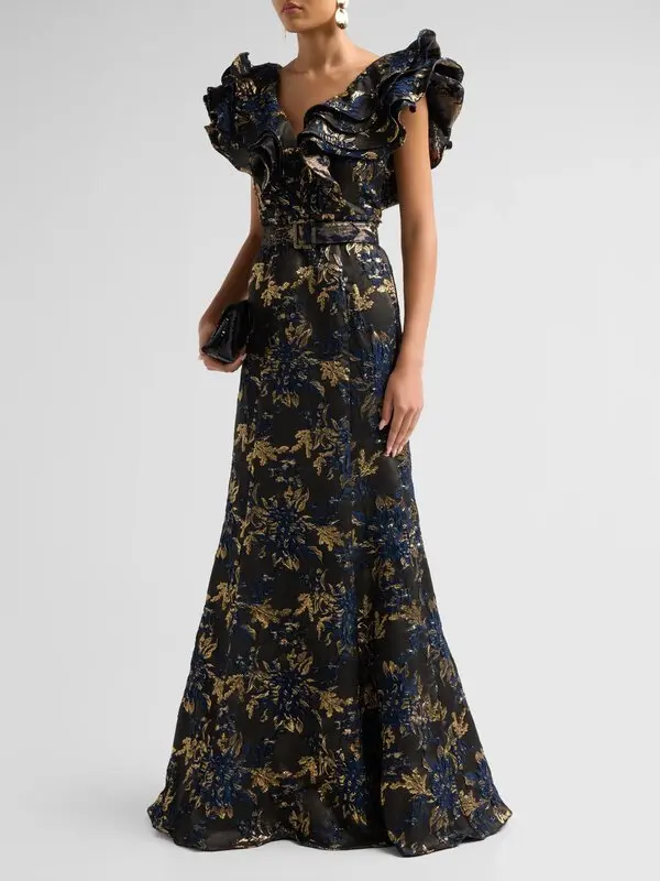 Badgley Mischka Jacqaurd Ruffle-sleeve Mermaid Gown