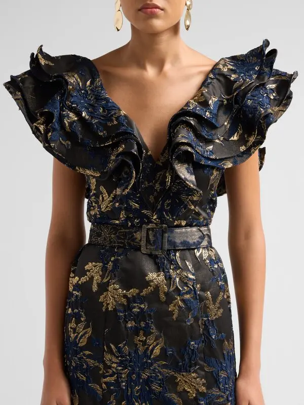 Badgley Mischka Jacqaurd Ruffle-sleeve Mermaid Gown