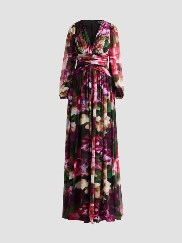 Badgley Mischka Floral Pleated Georgette A-line Gown - Fuchsia Multi