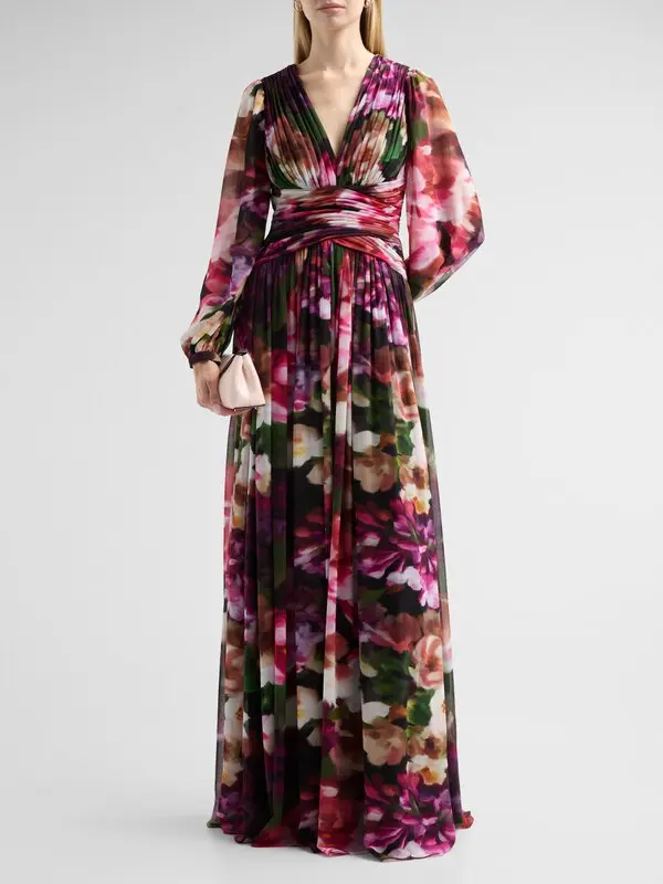 Badgley Mischka Floral Pleated Georgette A-line Gown
