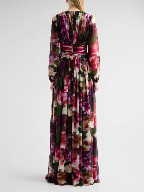 Badgley Mischka Floral Pleated Georgette A-line Gown