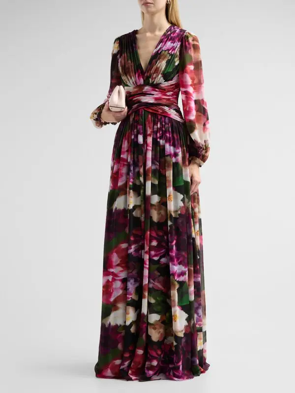 Badgley Mischka Floral Pleated Georgette A-line Gown