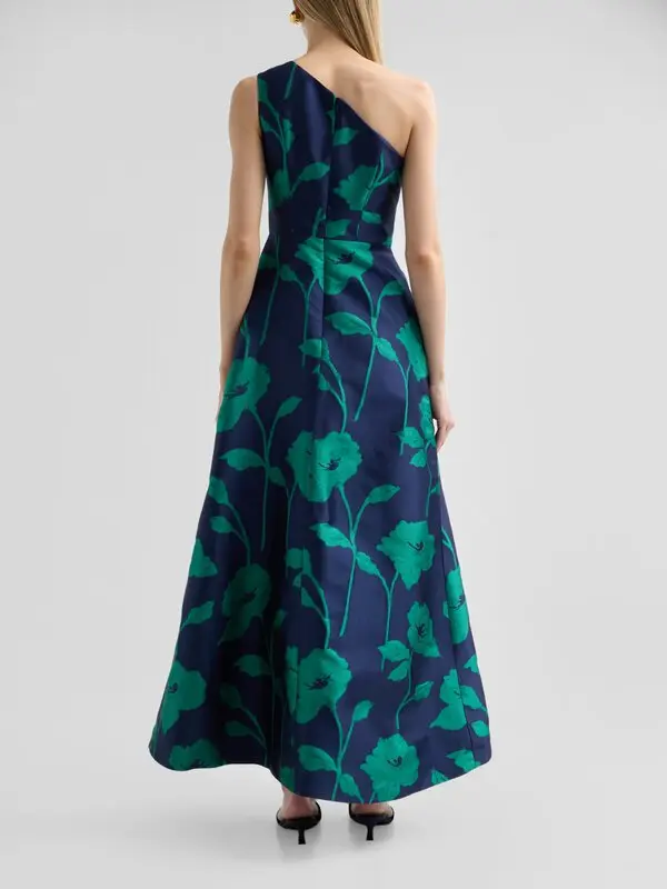 KAY UNGER Tiara Floral Jacqaurd One-shoulder Gown