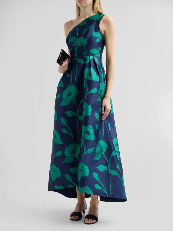 KAY UNGER Tiara Floral Jacqaurd One-shoulder Gown
