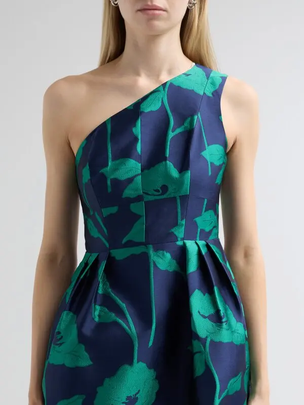KAY UNGER Tiara Floral Jacqaurd One-shoulder Gown