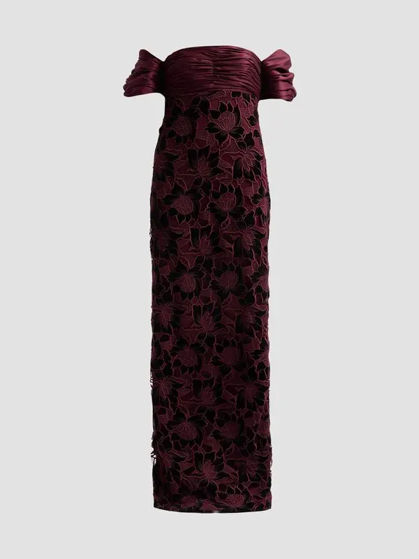 Badgley Mischka Floral Guipure Off-the-shoulder Gown - Wine