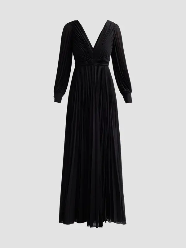 Badgley Mischka Pleated Chiffon Long-sleeve Gown