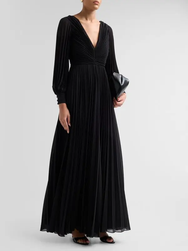 Badgley Mischka Pleated Chiffon Long-sleeve Gown