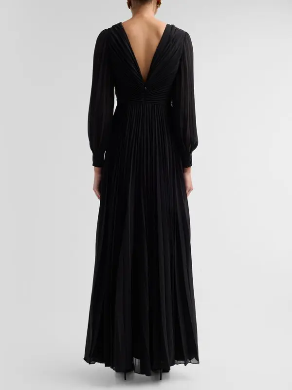 Badgley Mischka Pleated Chiffon Long-sleeve Gown