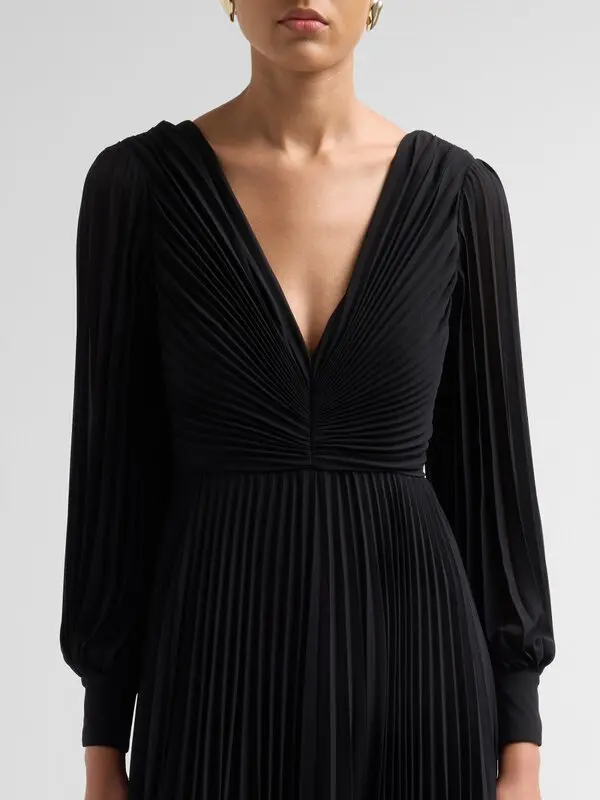 Badgley Mischka Pleated Chiffon Long-sleeve Gown