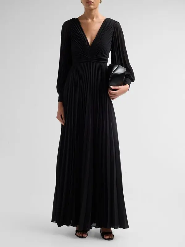 Badgley Mischka Pleated Chiffon Long-sleeve Gown