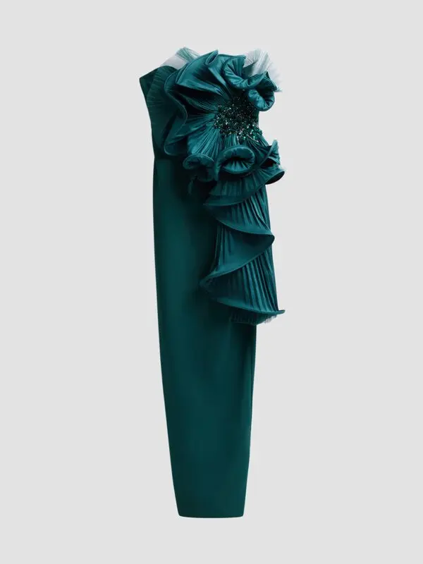 Badgley Mischka Satin Floral Strapless Column Gown - Pine