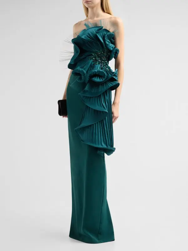 Badgley Mischka Satin Floral Strapless Column Gown