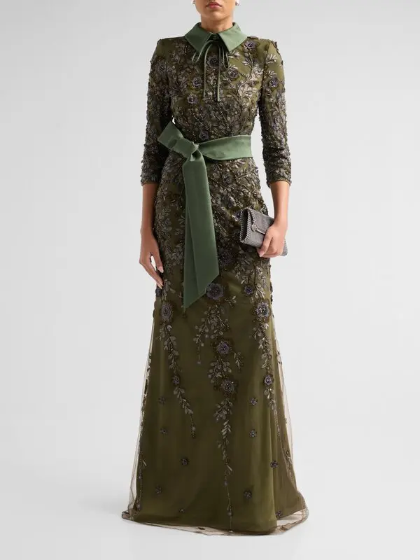 Badgley Mischka Embellished Sashed Shirtwaist Gown
