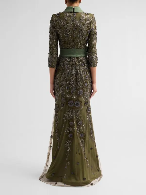 Badgley Mischka Embellished Sashed Shirtwaist Gown