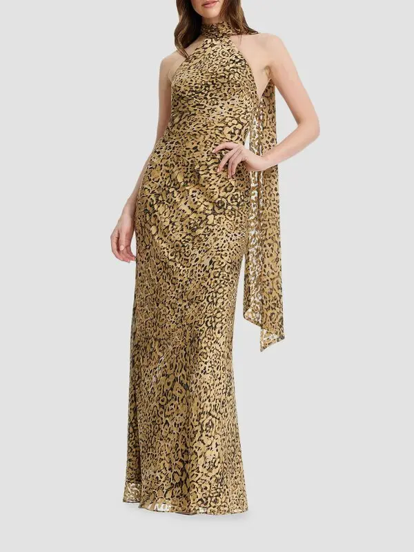Dress The Population Olivia Leopard Print Halterneck Gown