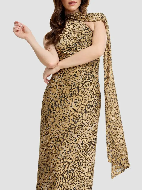 Dress The Population Olivia Leopard Print Halterneck Gown